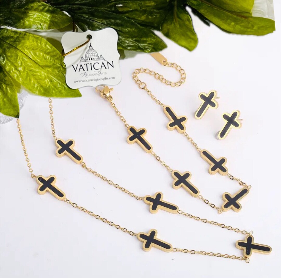 Minimalist 18K Gold Plated Cross Jewelry Set Delicate Stainless Steel ...
