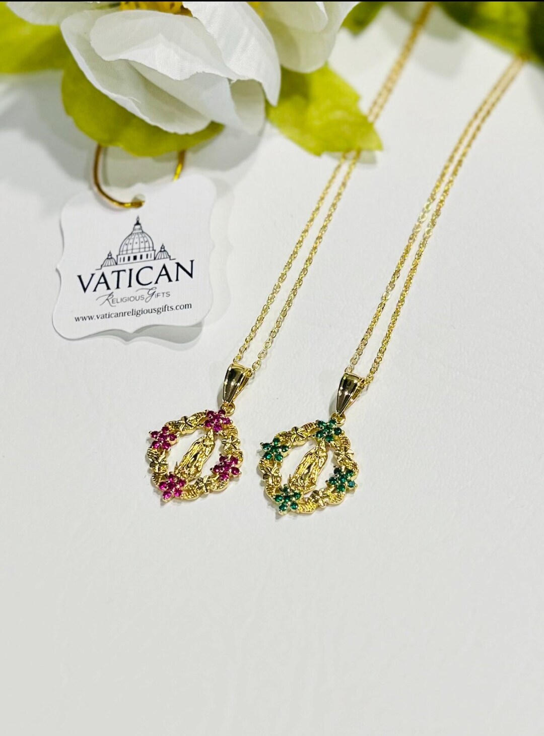 Our Lady of Guadalupe Pendant 14k Gold Cubic Zirconia Flowers ...