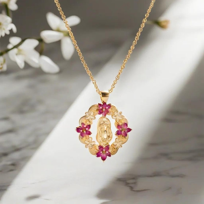 Our Lady of Guadalupe Pendant 14k Gold Cubic Zirconia Flowers ...