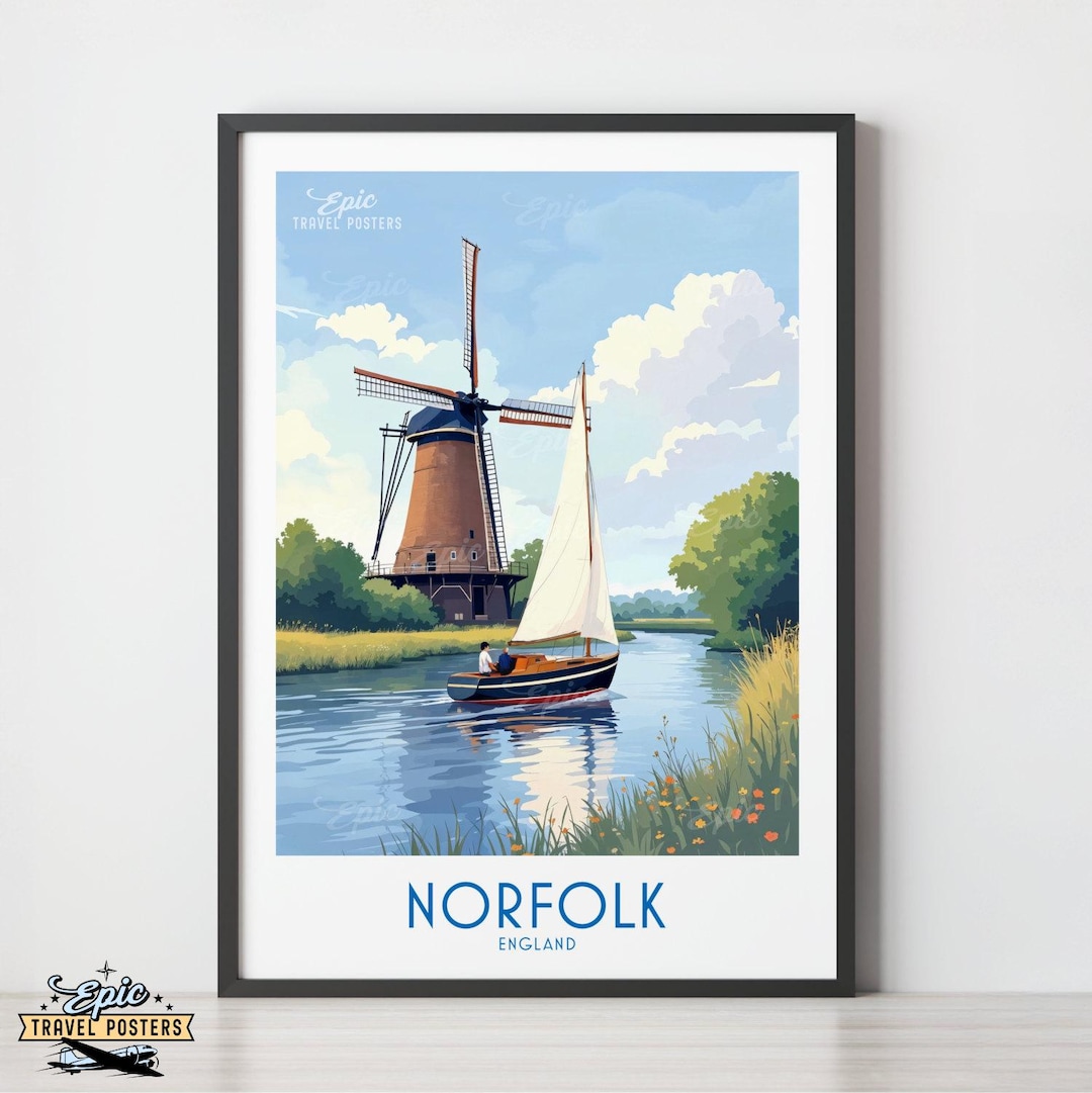 Norfolk Broads England Travel Poster Featuring a Windmill and a Sailing ...
