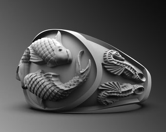 Japanese Koi Fish Cool Ring for Men, Carp Ring for Boyfriend, Sea ...