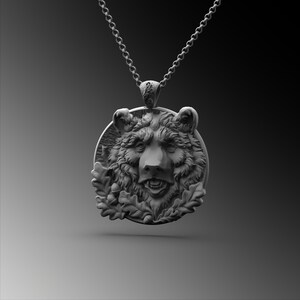 Silver Bear Medallion Mens Grizzly Bear Pendant for Man Sterling Silver ...