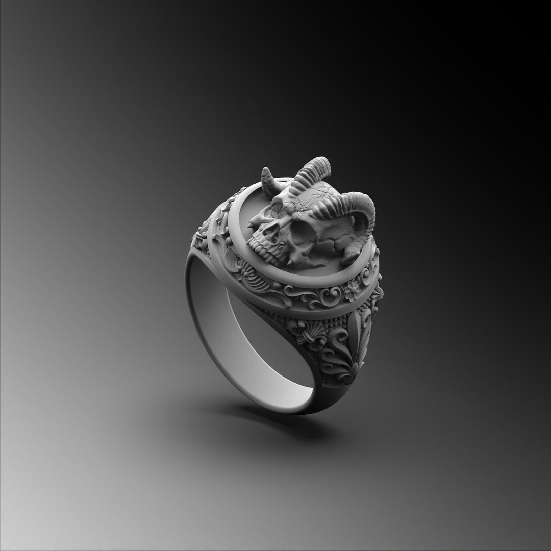 Demon Skull Ring in Sterling Silver, Ram Skull With Horns Man Ring ...