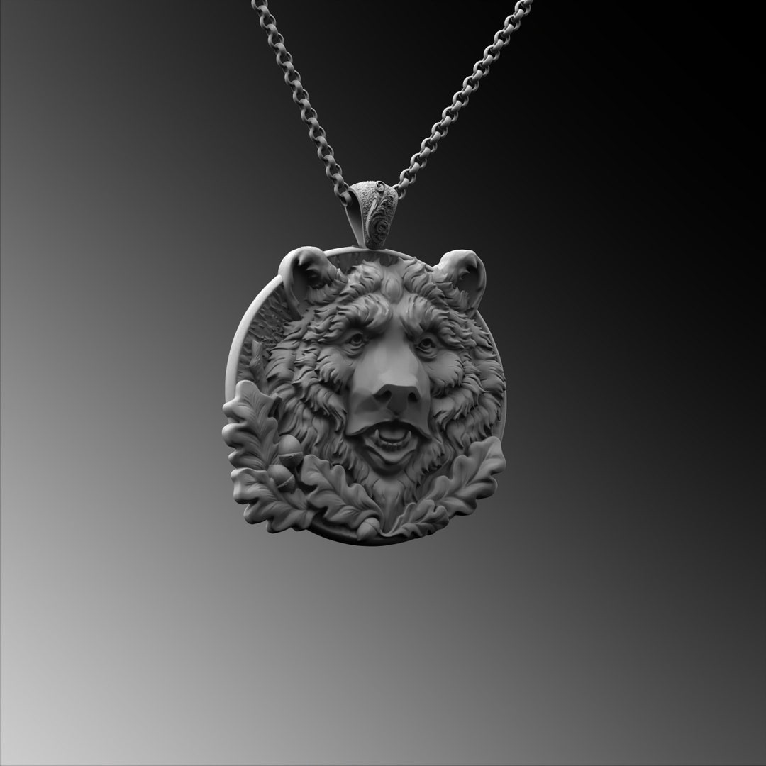 Silver Bear Medallion Mens Grizzly Bear Pendant for Man Sterling Silver ...