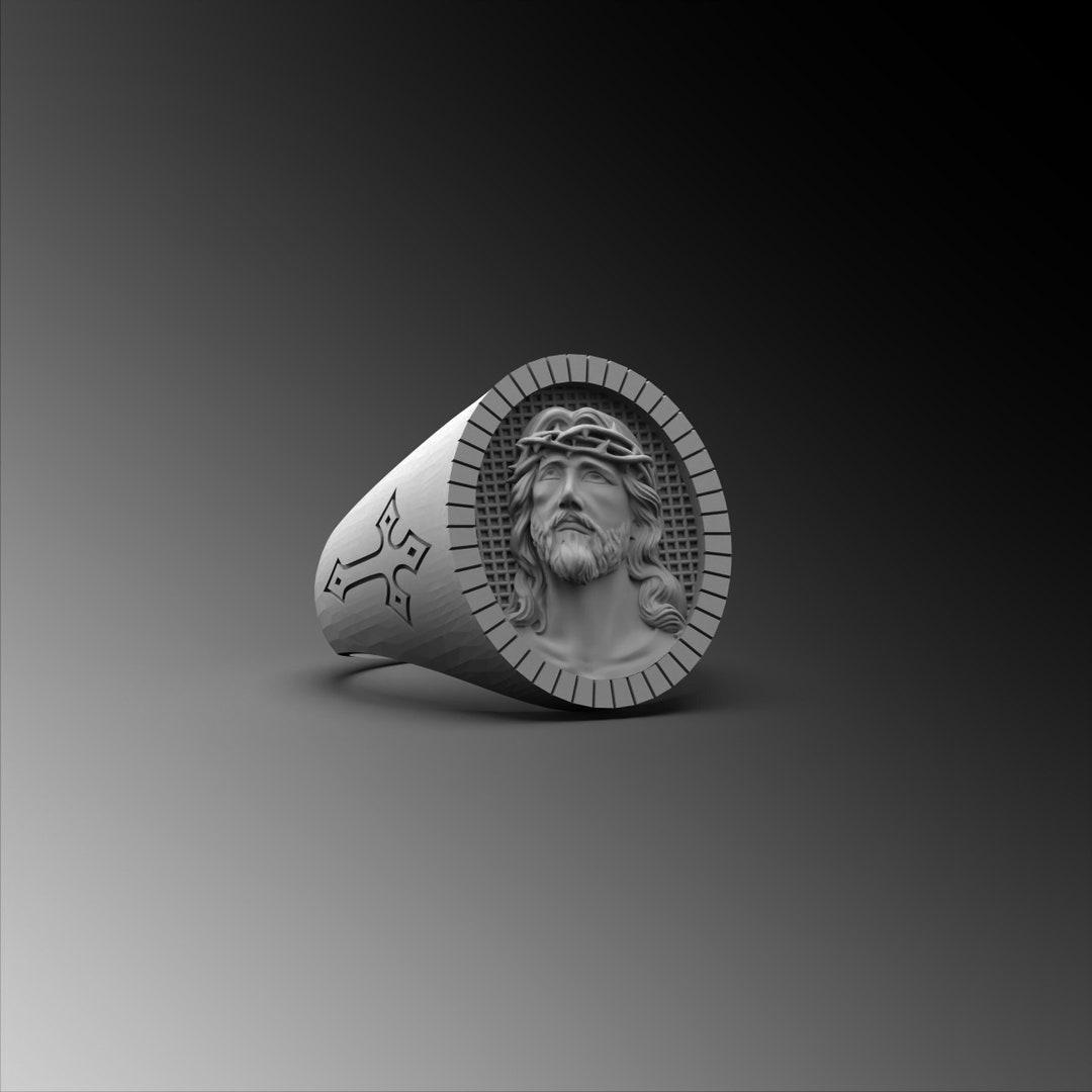 Jesus Christ With Crown of Thorns, Sterling Silver Square Signet Ring ...