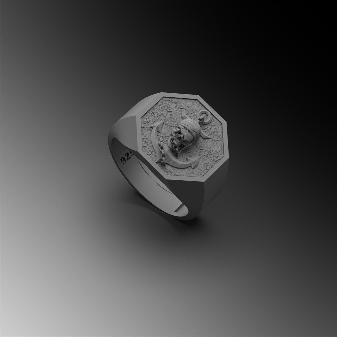 Silver Pirate Signet Ring Nautical Anchor Signet Ring Mens Sailors Ring ...