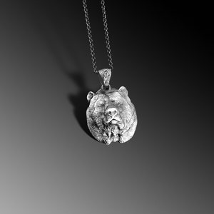 Silver Bear Medallion Mens Grizzly Bear Pendant for Man Sterling Silver ...