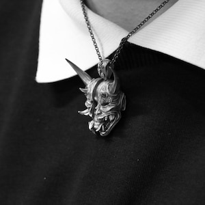 Samurai Skull Mask Necklace for Man Oni Mask Pendant Silver Samurai ...