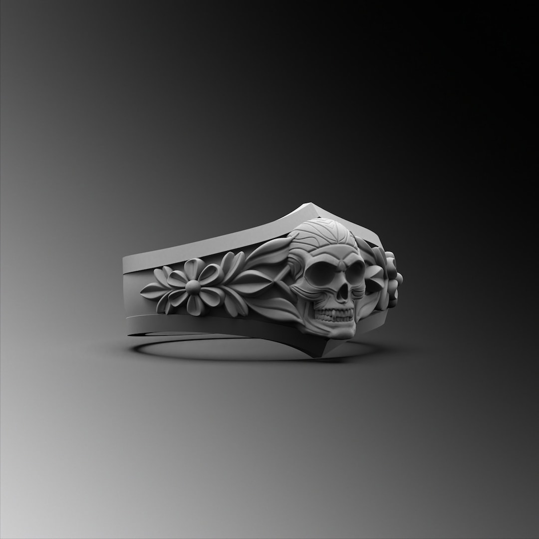 Skull Flower Sterling Silver Ring, Gothic Biker Band - Etsy