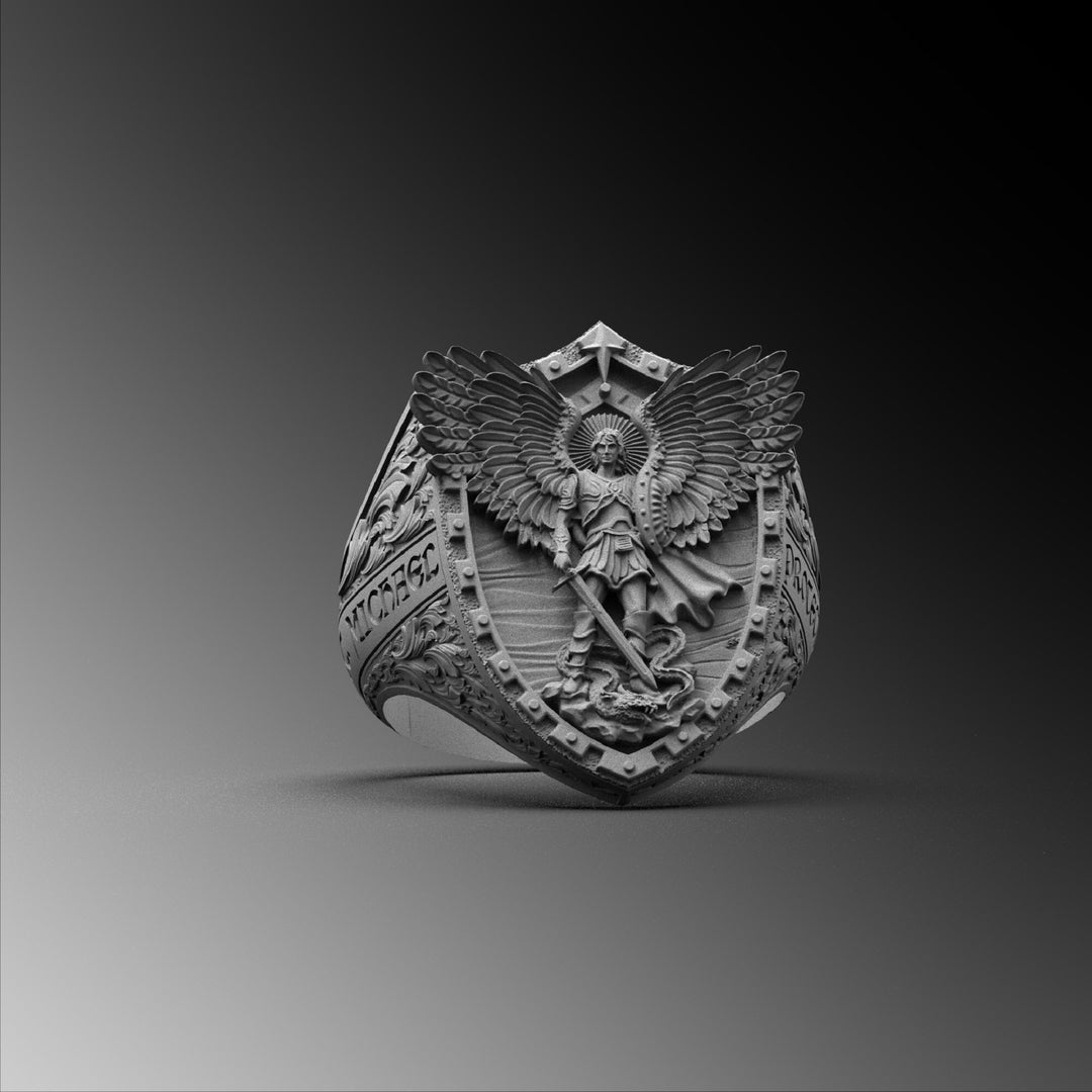 Archangel Michael Dragon Wings Signet Men Ring, St Michael Christian ...