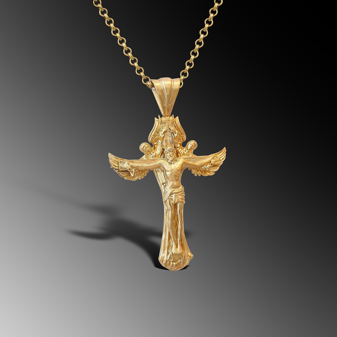 Solid Gold Jesus Cross Mens Necklace, 14K Gold Christian Crucifix ...