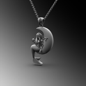 Mermaid Siren Pendant, Silver Crescent Moon Necklace for Man, Silver ...