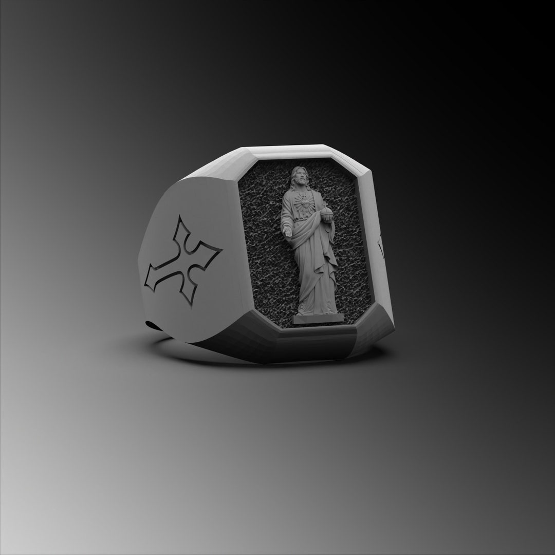 Jesus With Sacred Heart Silver Men Ring, Silver Savior Jesus Ring ...