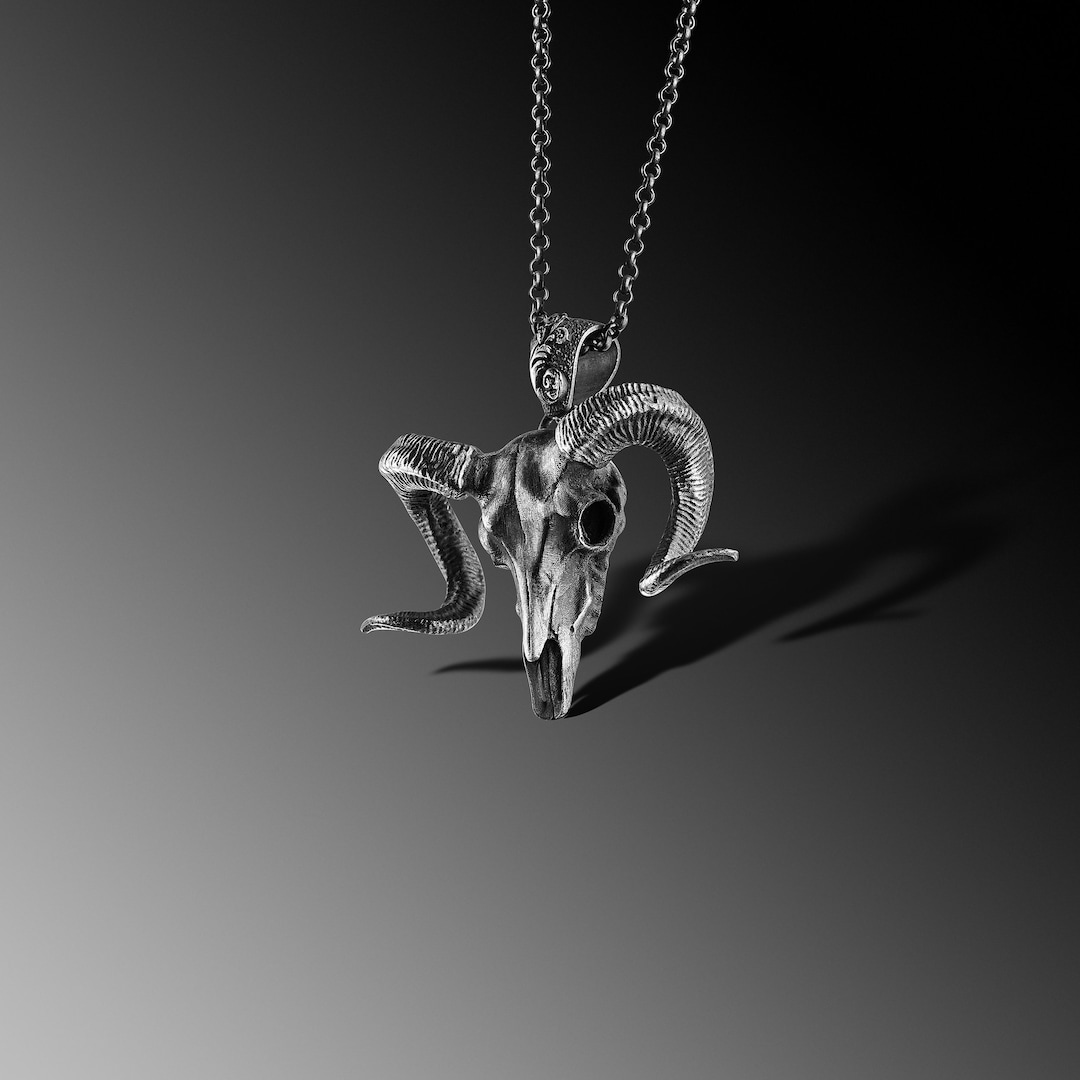 Ram Skull Pendant for Man Silver Ram Skul Necklace Aries Horned Ram Men ...