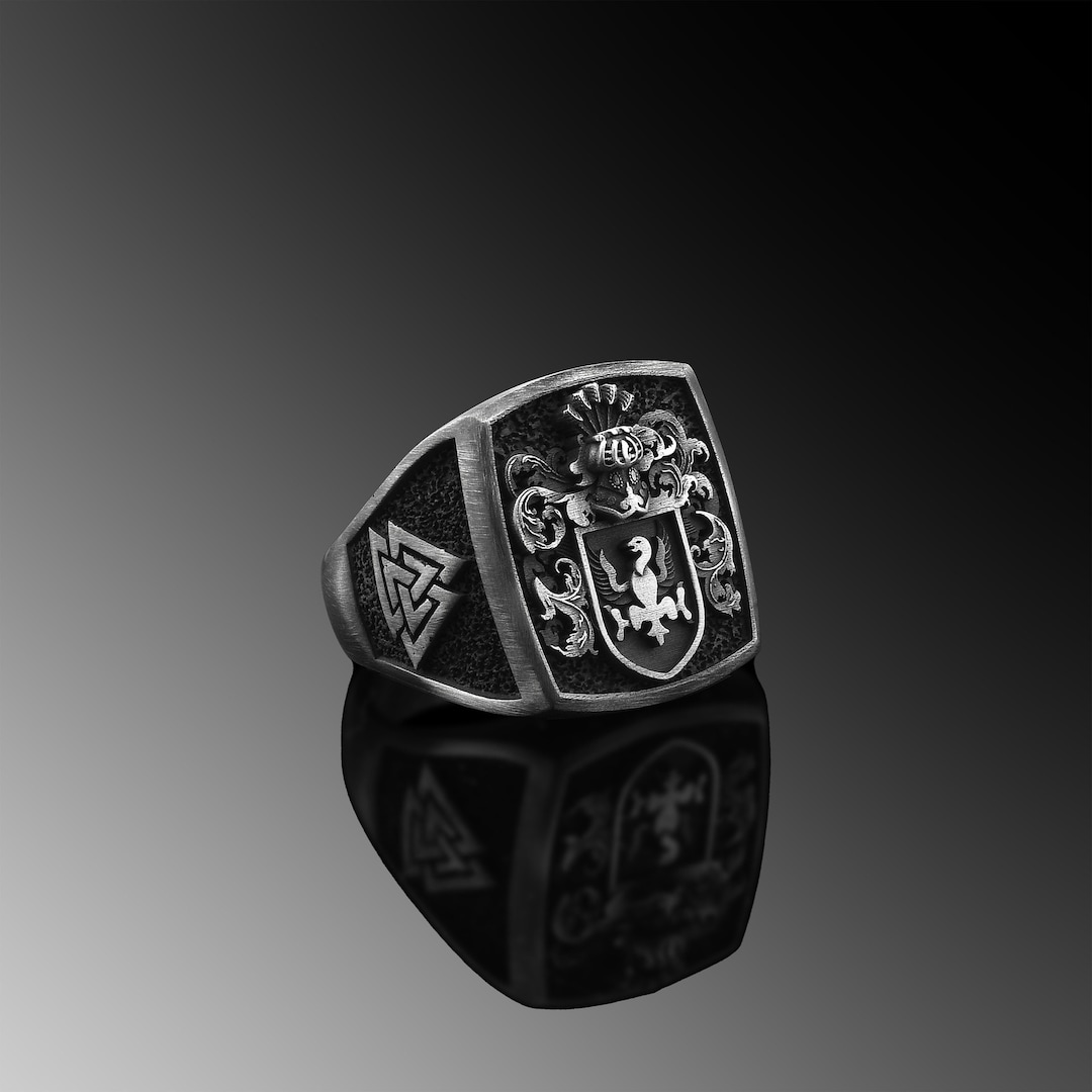 Custom Sterling Silver Family Crest Signet Ring, Handmade Mens Heraldic ...