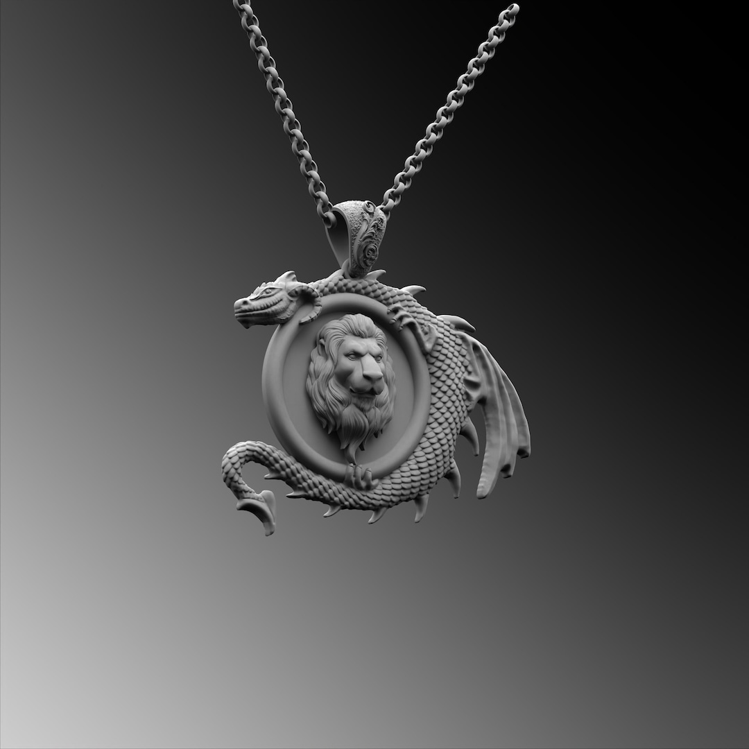 Lion Dragon Head Pendant Silver Necklace for Man Angry Lion Medallion ...