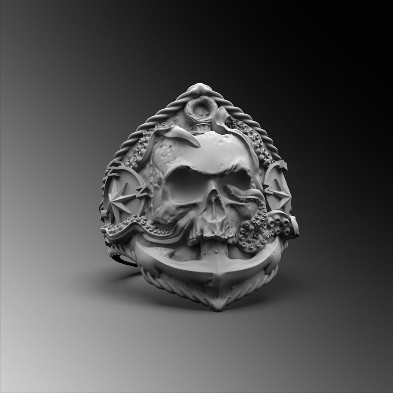 Sterling Silver Pirate Skull Signet Ring, Nautical Anchor Biker Ring ...