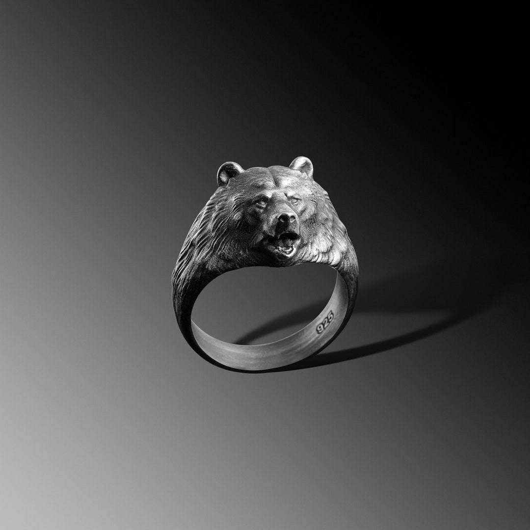 Mens Bear Ring Silver Bear Ring Mens Signet Ring Bear Head Rings for ...