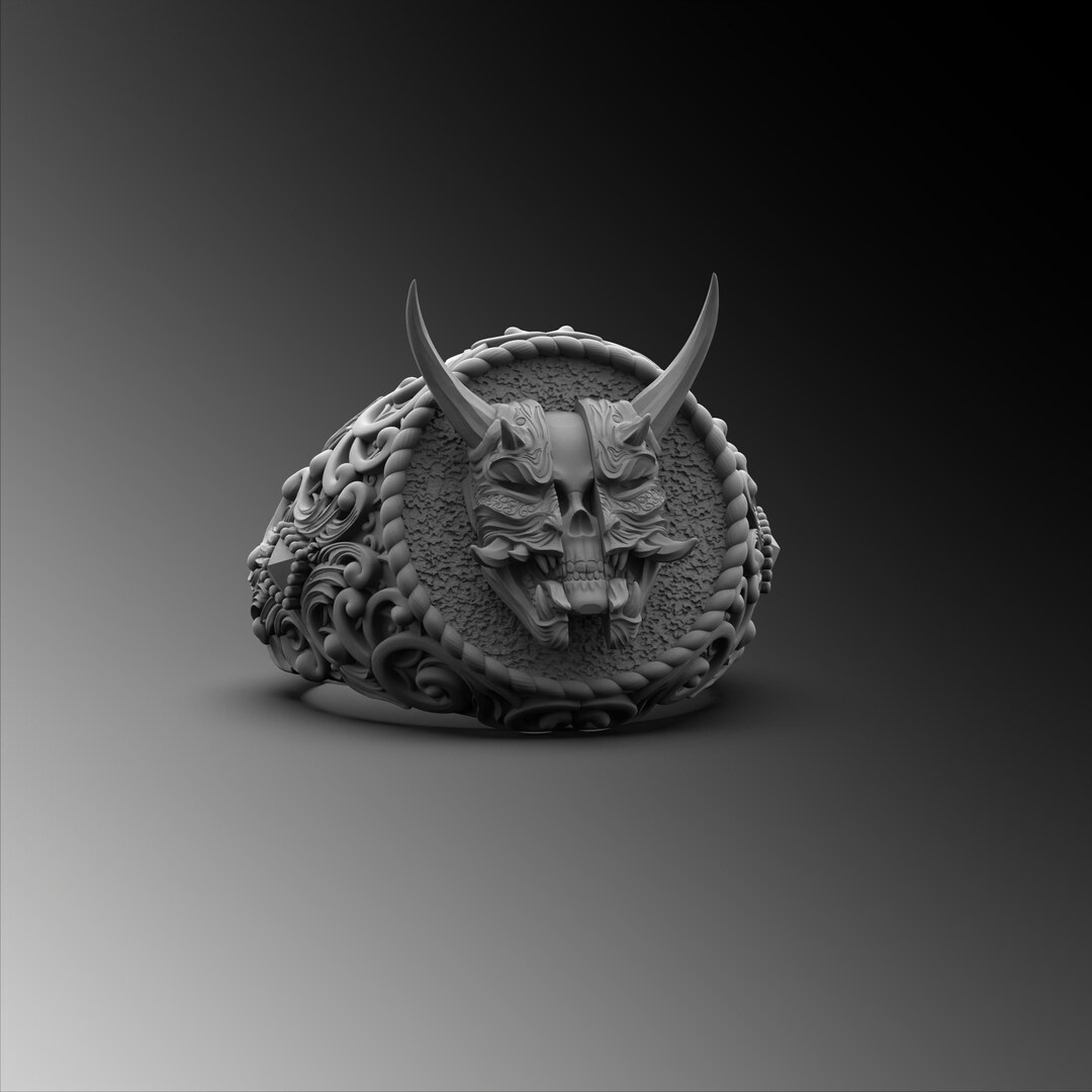 Silver Samurai Mask Ring Oni Mask Ghost Ring Mens Oni Mask Ring ...