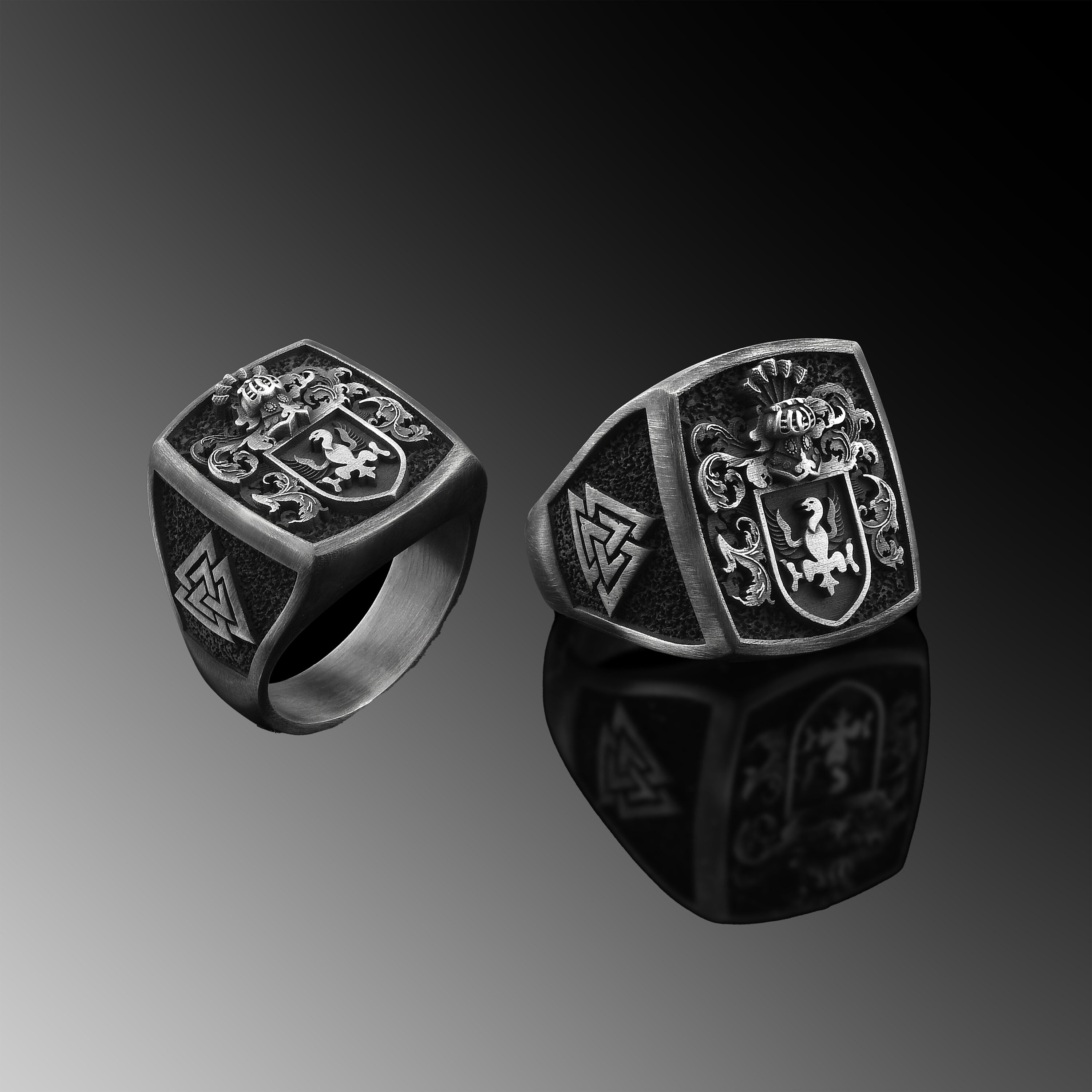 Custom Sterling Silver Family Crest Signet Ring, Handmade Mens Heraldic ...