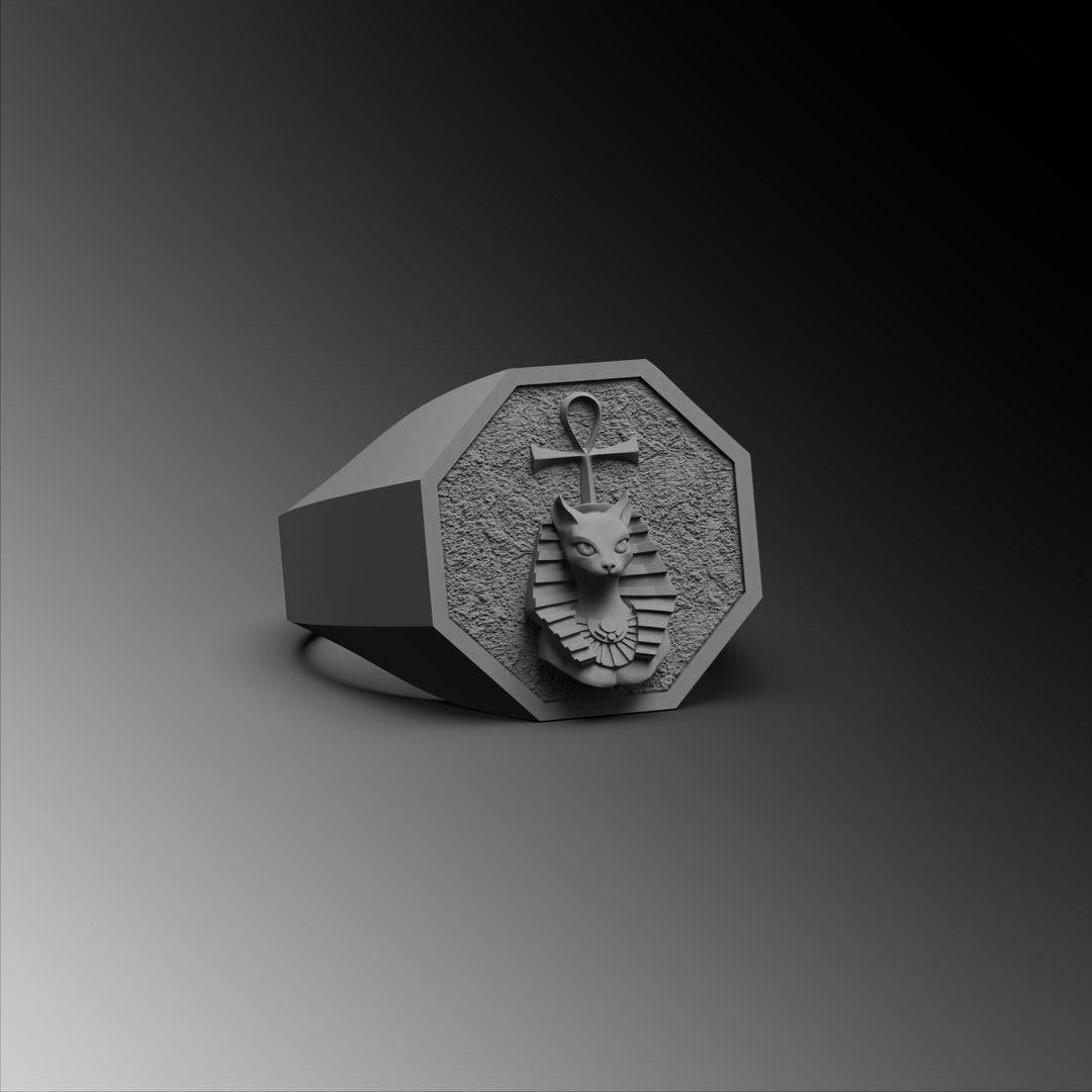 Mens Ankh Signet Ring, Sphynx Cat Silver Ring, Egyptian Key of Life ...