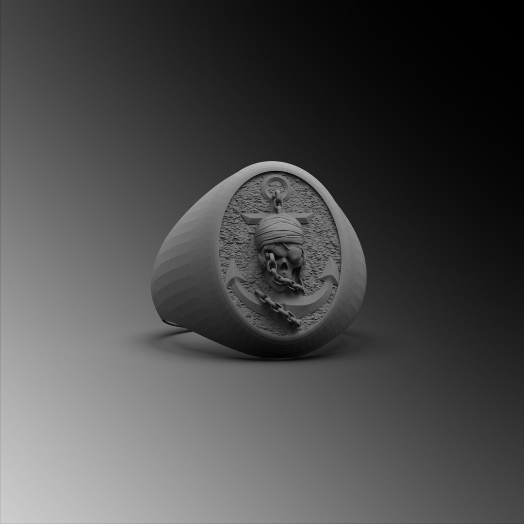 Silver Pirate Signet Ring Nautical Anchor Signet Ring Mens Sailors Ring ...