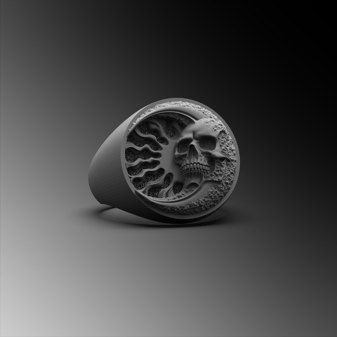 Crescent Moon Skull Ring, Celestial Signet Ring, Mens Silver Skull Ring ...