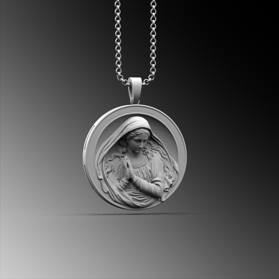 Silver Virgin Mary Men's Necklace, Miraculous Virgin Mary Pendant ...