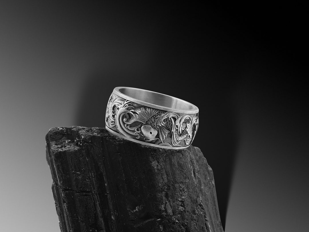 Koi Fish Sterling Silver Mens Ring, Japanese Fish Nature Inspired Ring, Koi Mens Engagement Ring ...