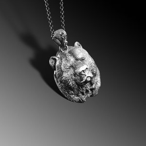 Silver Bear Medallion Mens Grizzly Bear Pendant for Man Sterling Silver ...