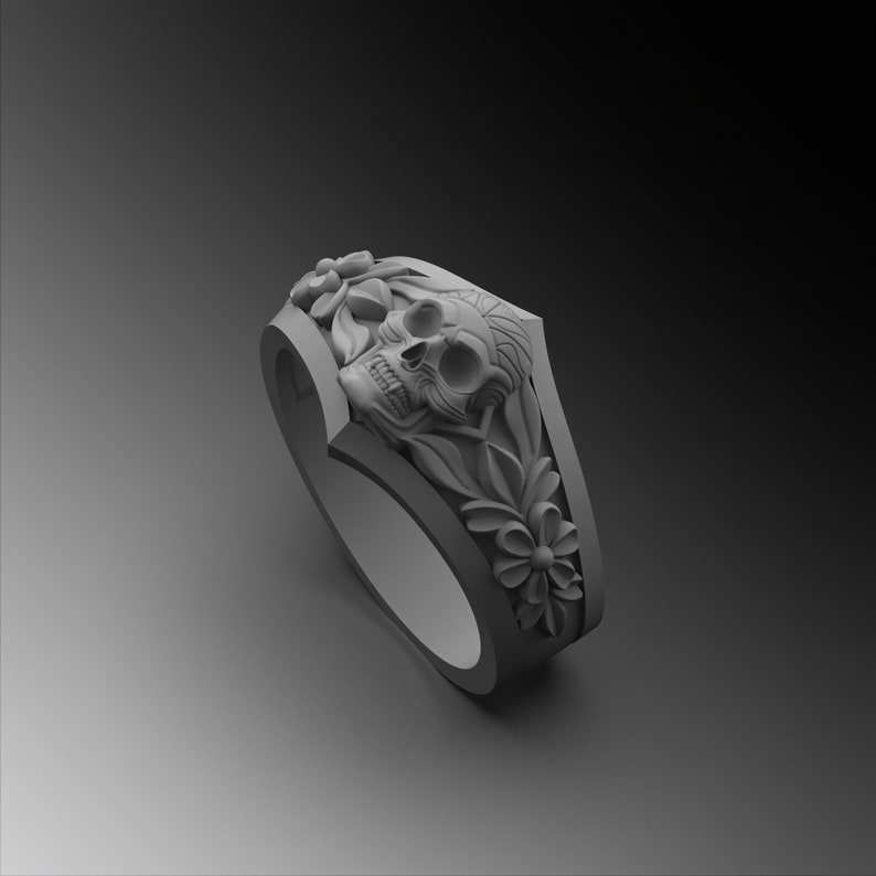 Skull Flower Sterling Silver Ring, Gothic Biker Band - Etsy