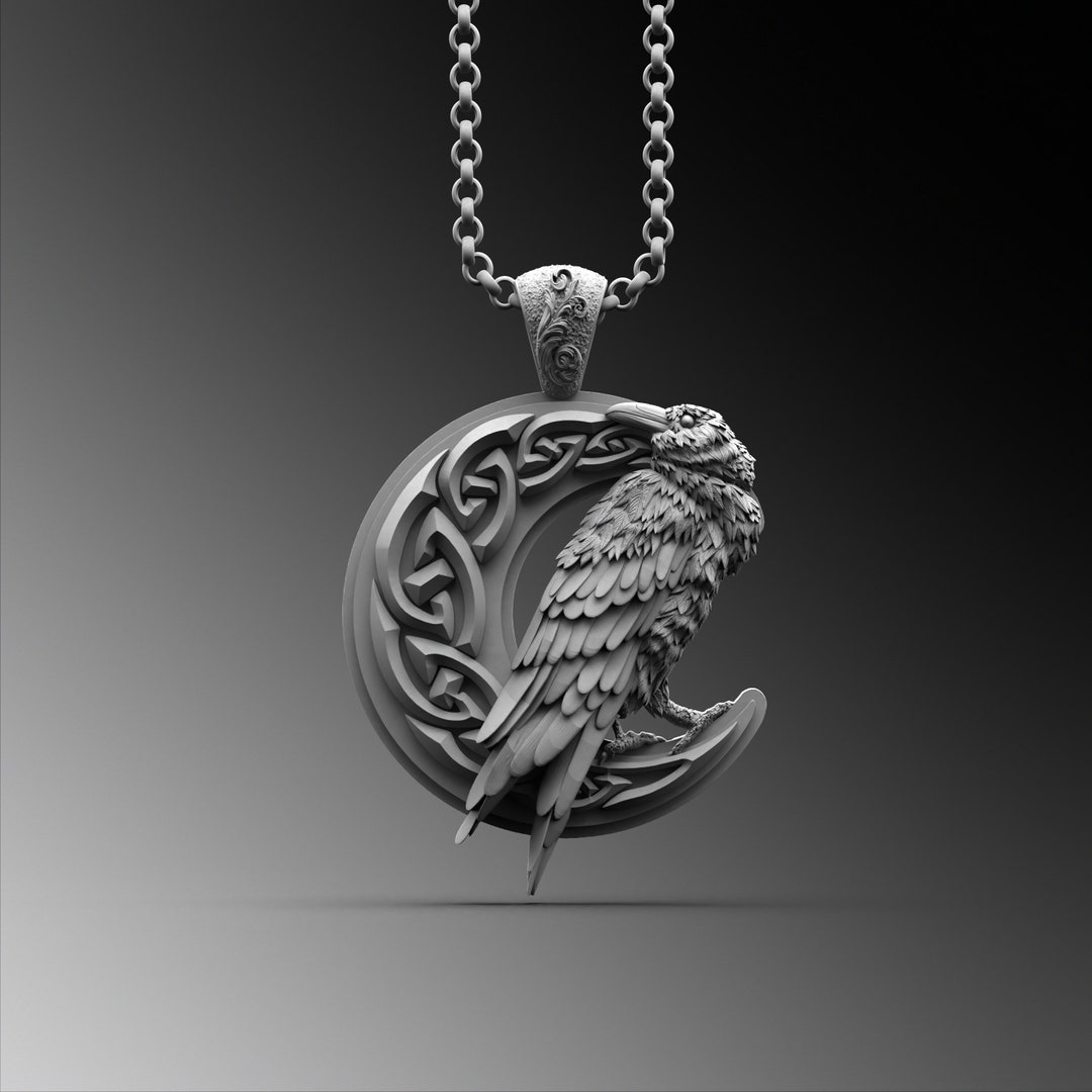 Viking Raven Crescent Moon Necklace Mens Crow Pendant Silver Norse ...