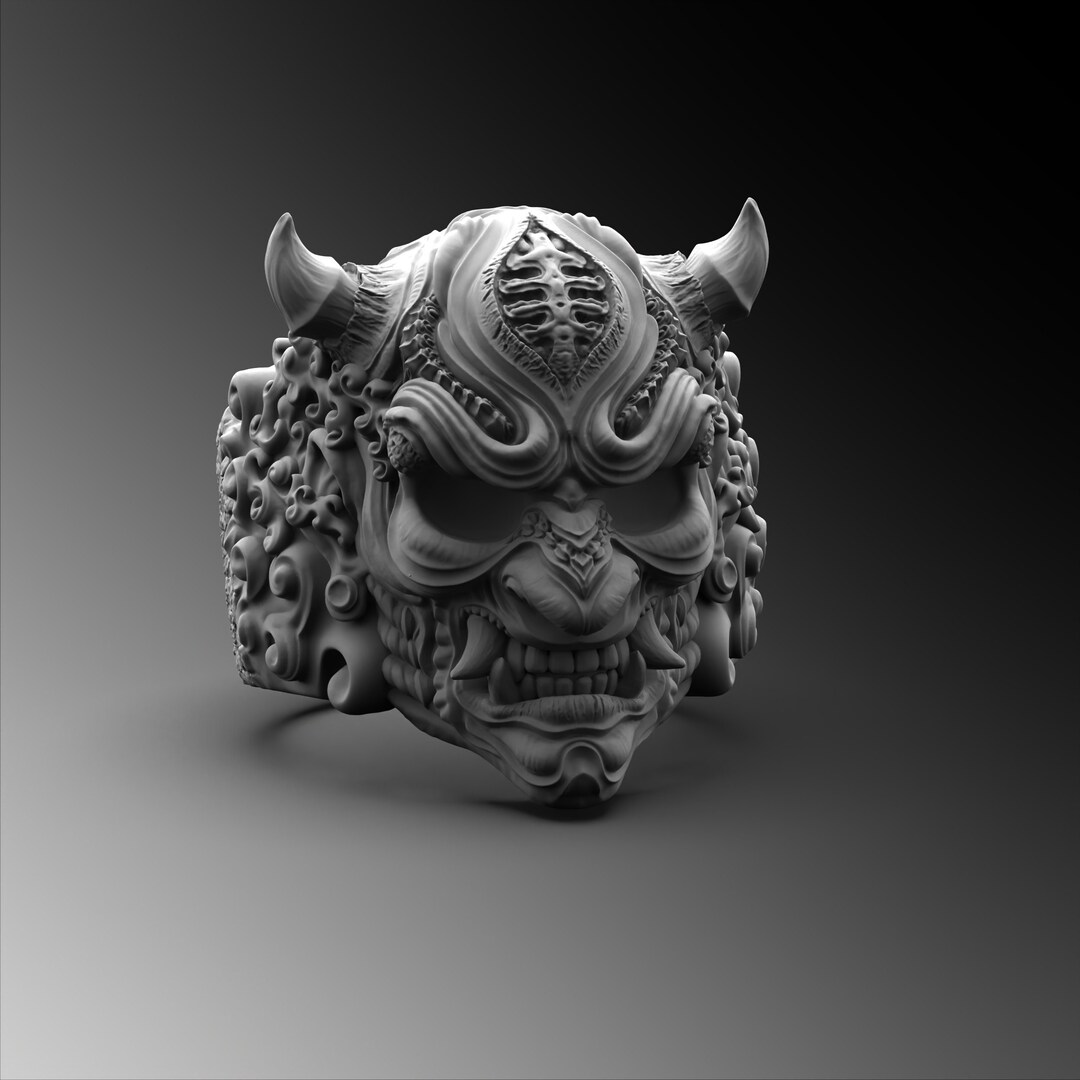 Oni Mask Sterling Silver Samurai Gothic Ring, 925 Silver Demon Ring ...