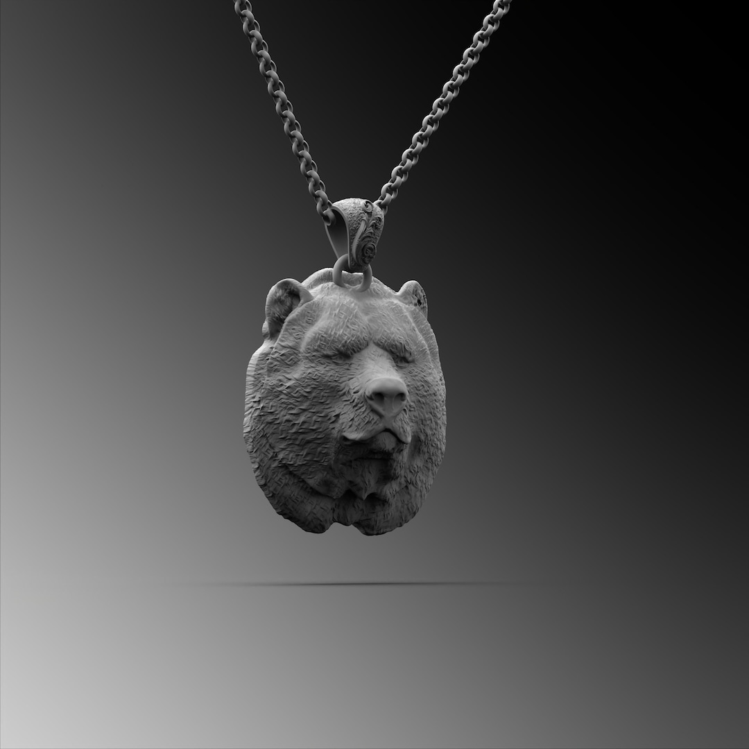 Silver Bear Medallion Mens Grizzly Bear Pendant for Man Sterling Silver ...