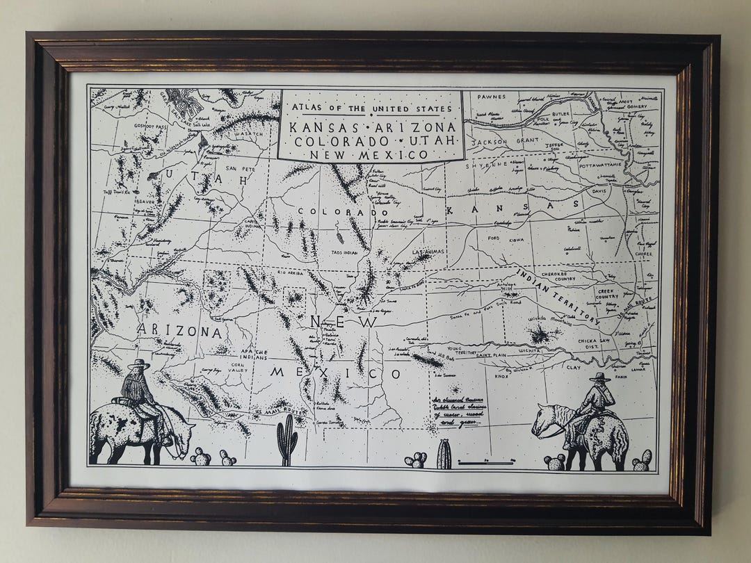 Buy Hand Drawn Western Map of the United States 1870s. Kansas Arizona ...