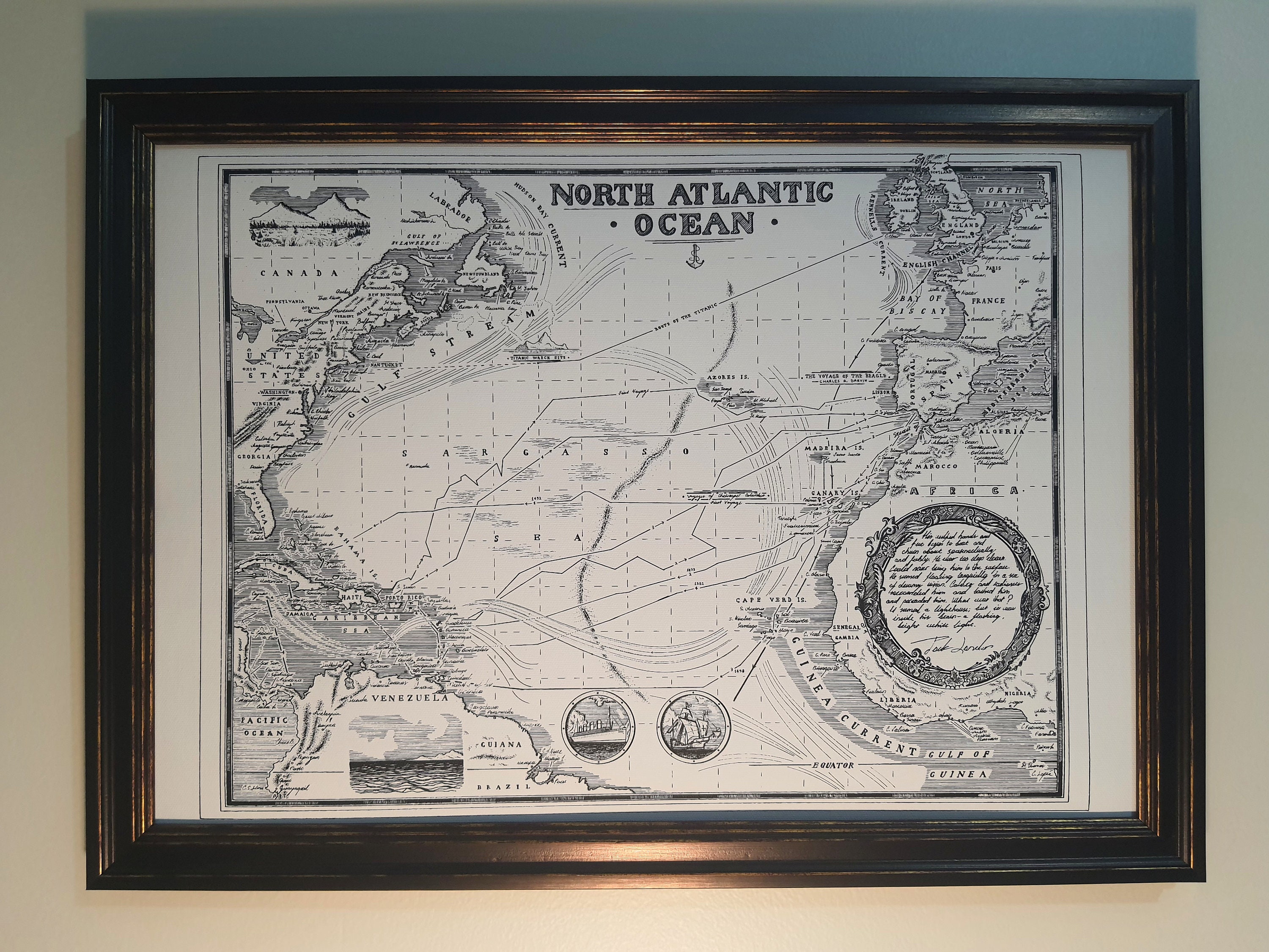 Hand Drawn NORTH ATLANTIC OCEAN Map Titanic Route Charles - Etsy
