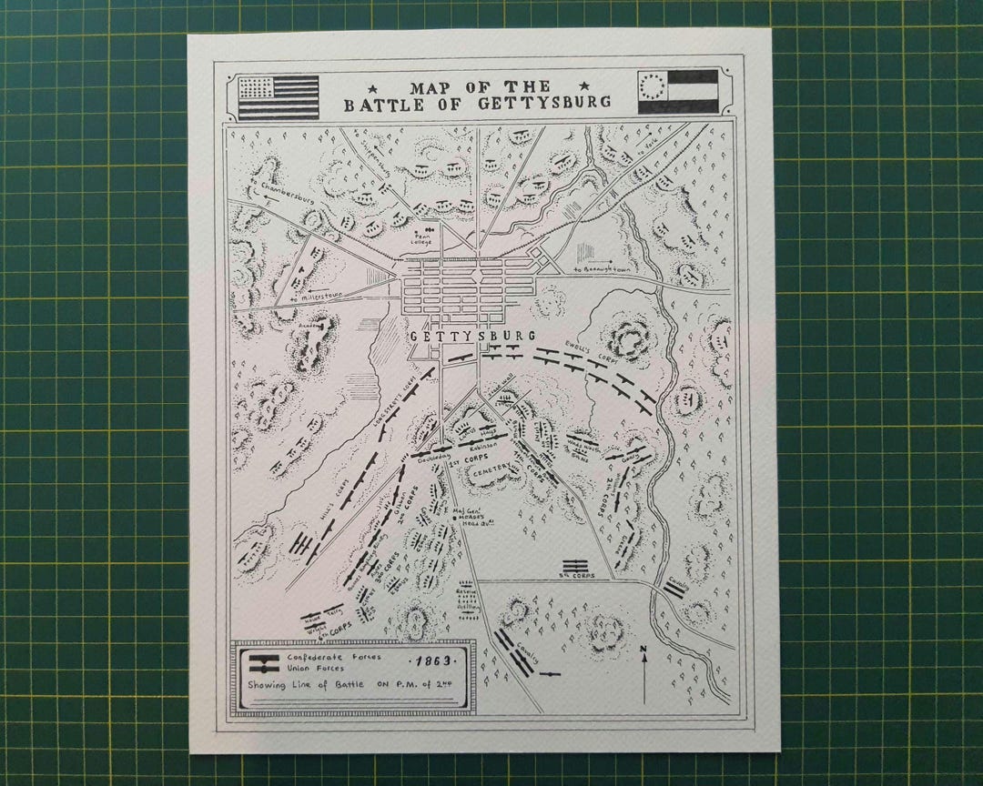 Hand Drawn Map of Gettysburg Battle. Printed on Cotton Canvas ...