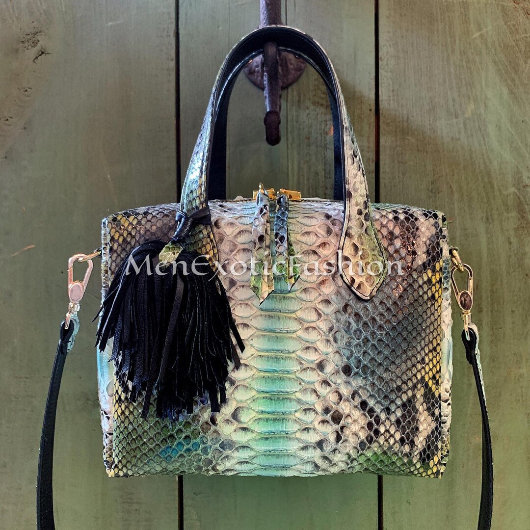 White Exotic Genuine Python Top Handle Bag, Leather Bag, Snake Skin Bag ...