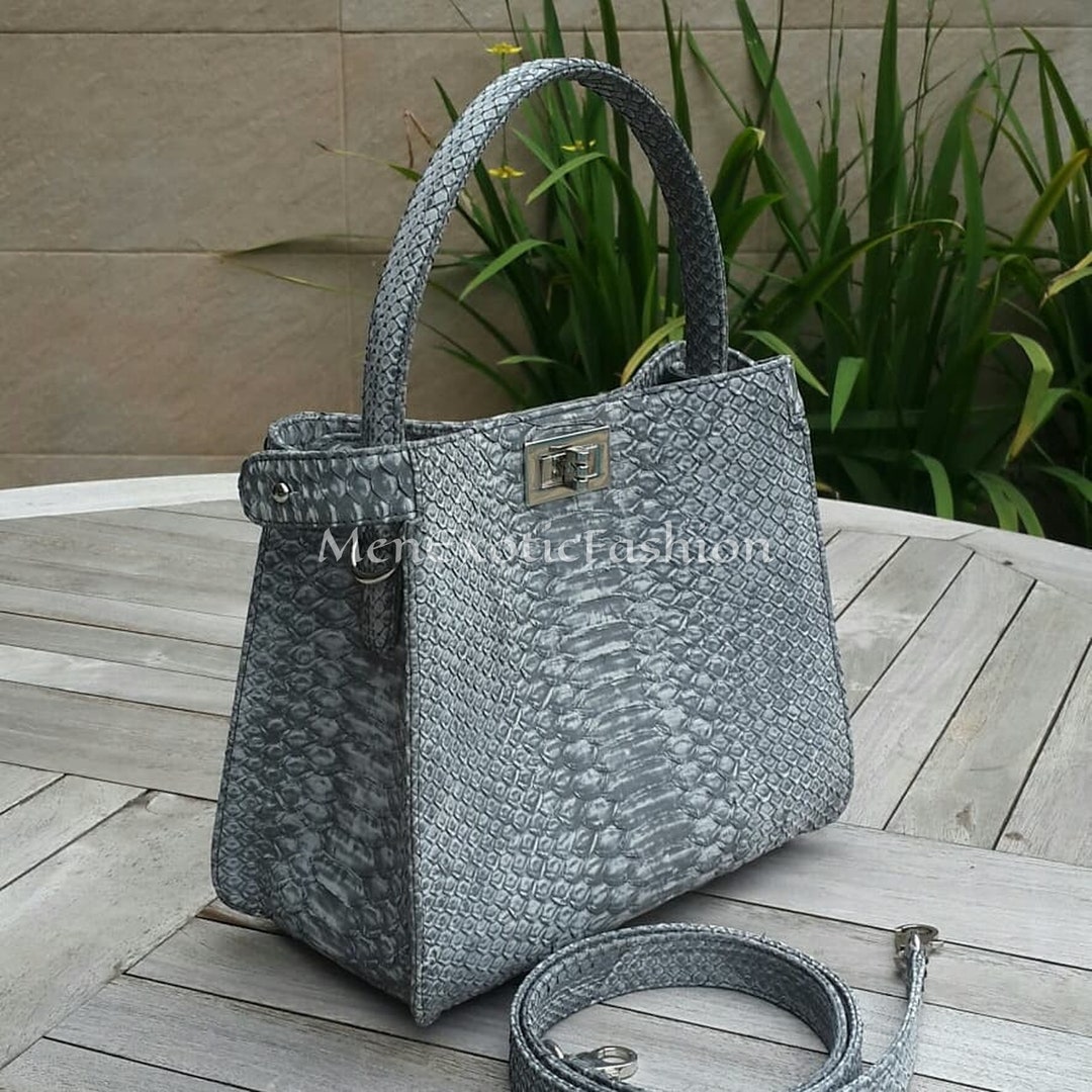 Gray Exotic Genuine Python Top Handle Bag, Leather Bag, Snake Skin Bag ...