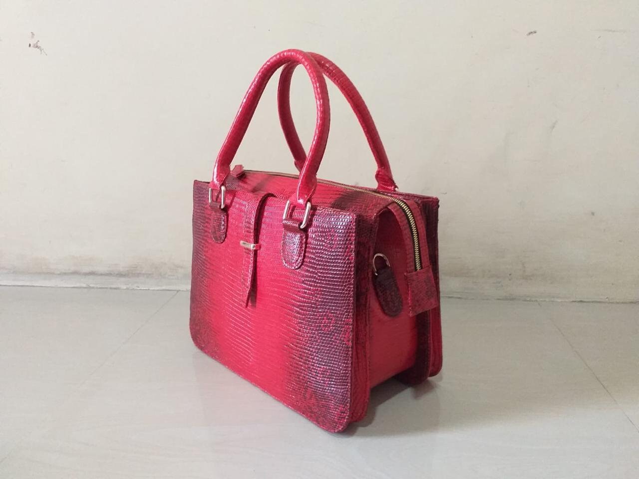 Red Exotic Genuine Lizard Top Handle Bag, Leather Bag, Lizard Skin Bag ...