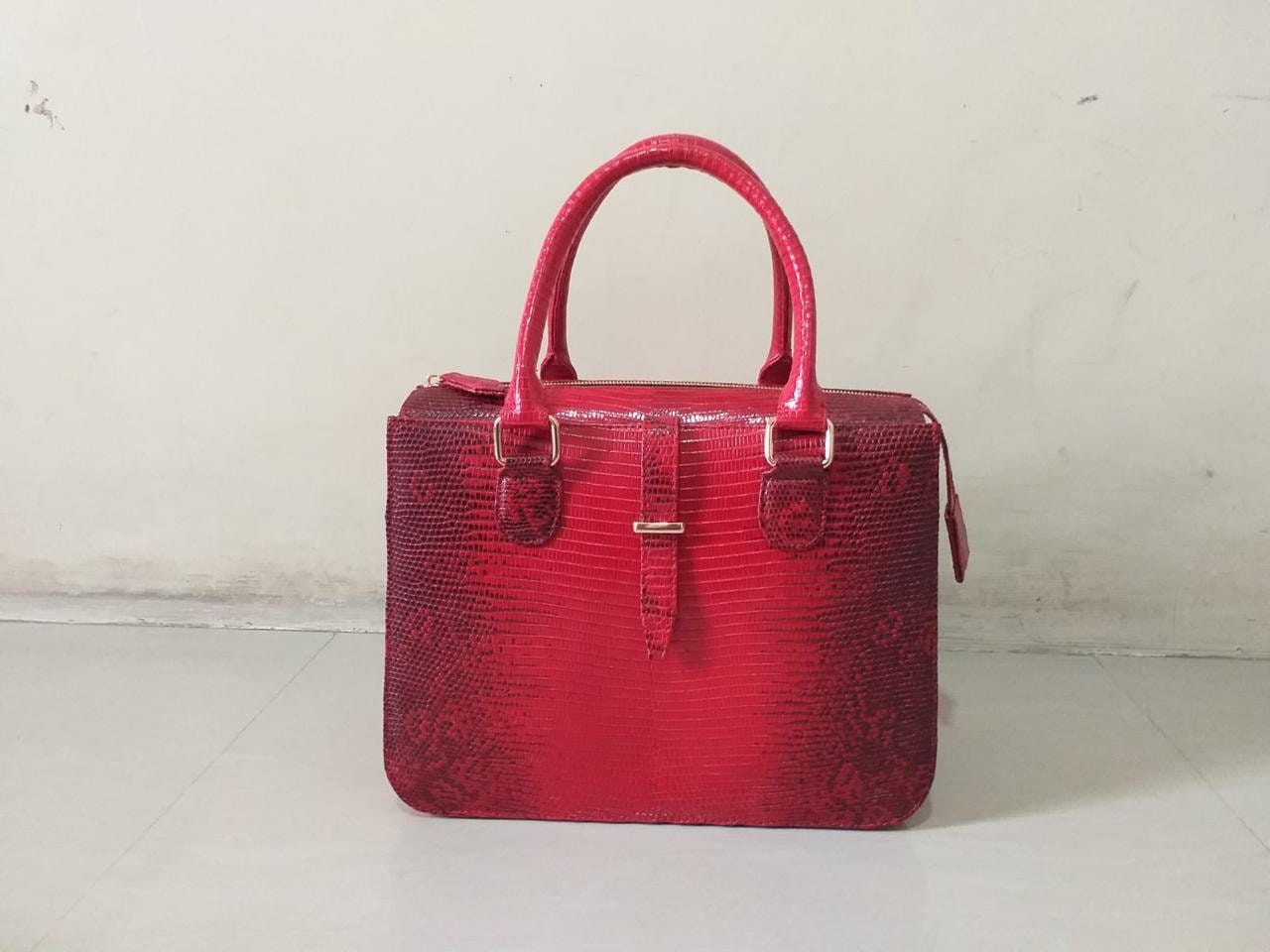 Red Exotic Genuine Lizard Top Handle Bag, Leather Bag, Lizard Skin Bag ...
