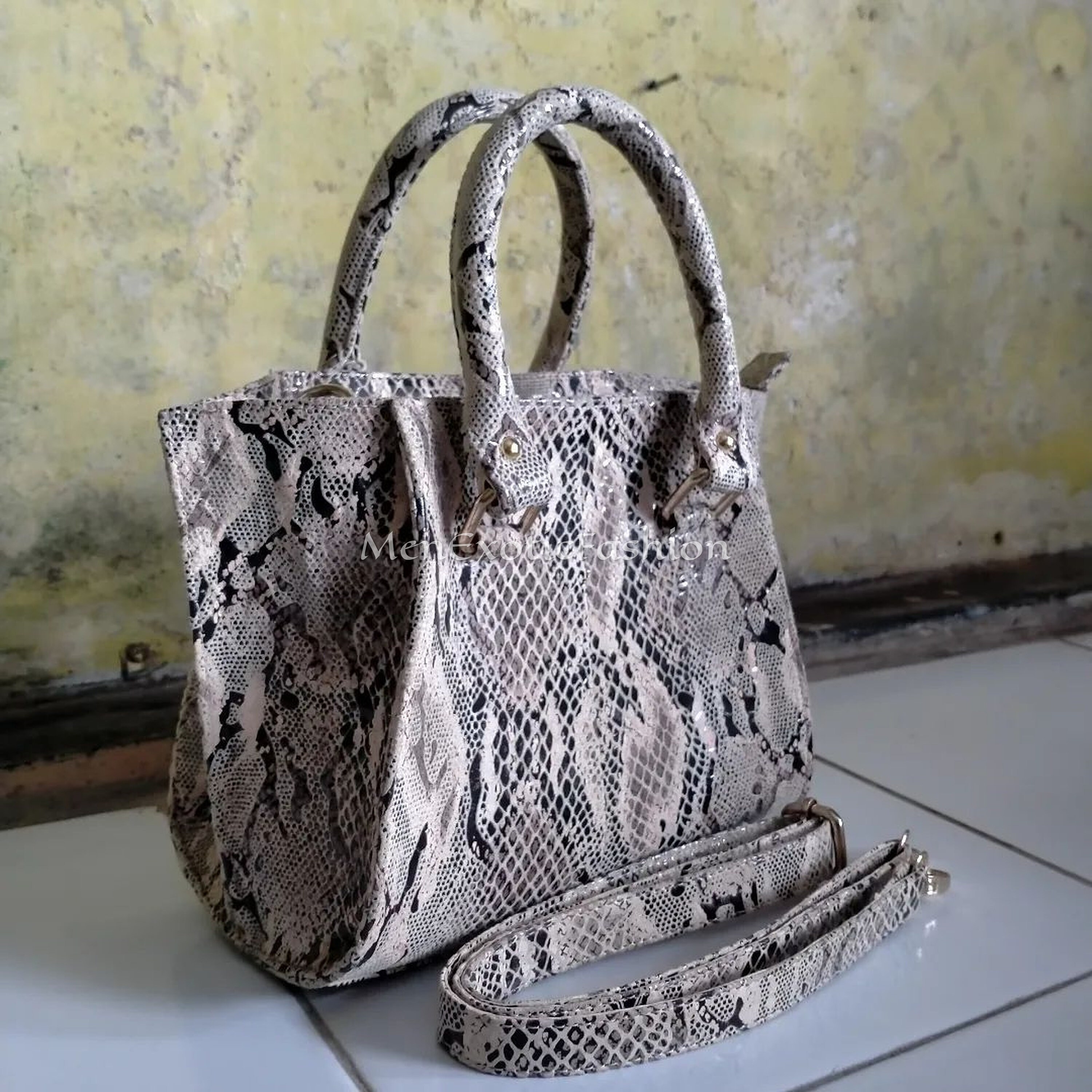 White Exotic Genuine Python Top Handle Bag, Leather Bag, Snake Skin Bag ...