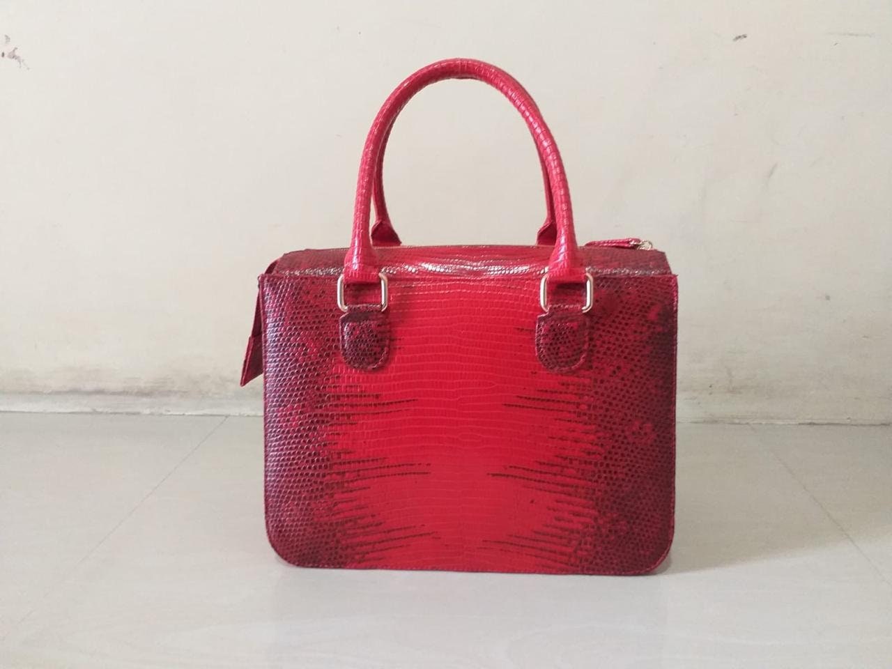 Red Exotic Genuine Lizard Top Handle Bag, Leather Bag, Lizard Skin Bag ...