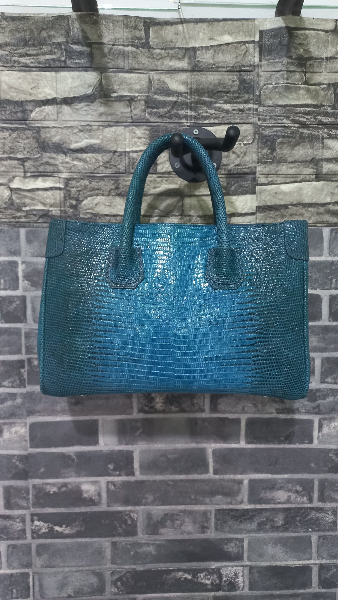 Blue Exotic Genuine Lizard Top Handle Bag, Leather Bag, Lizard Skin Bag ...
