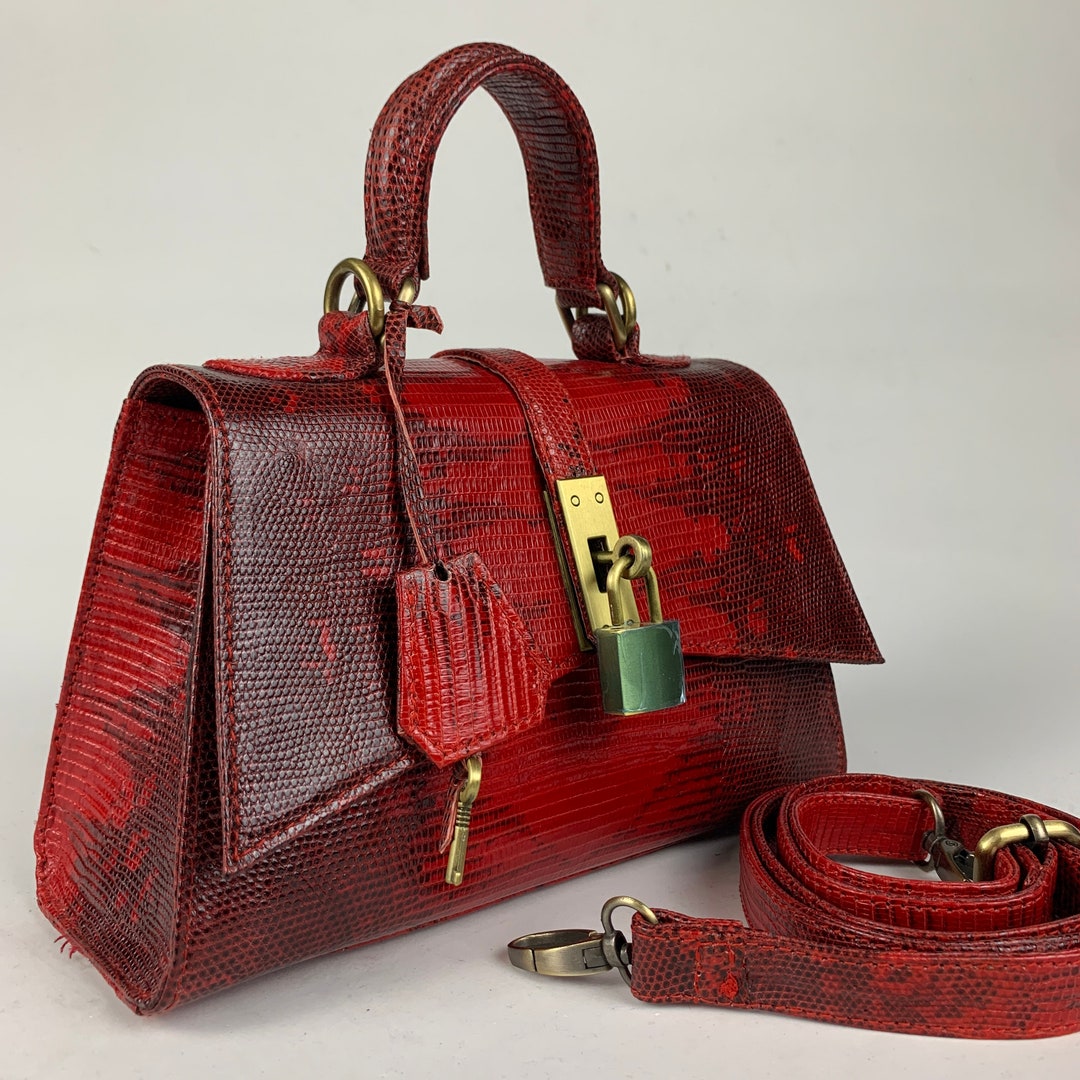 Red Exotic Genuine Lizard Top Handle Bag, Leather Bag, Lizard Skin Bag ...