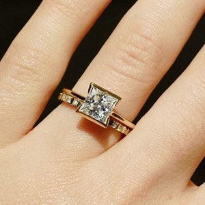 Princess Cut Half Bezel Set Solitaire With Bar Set Band Cz Diamond Ring ...