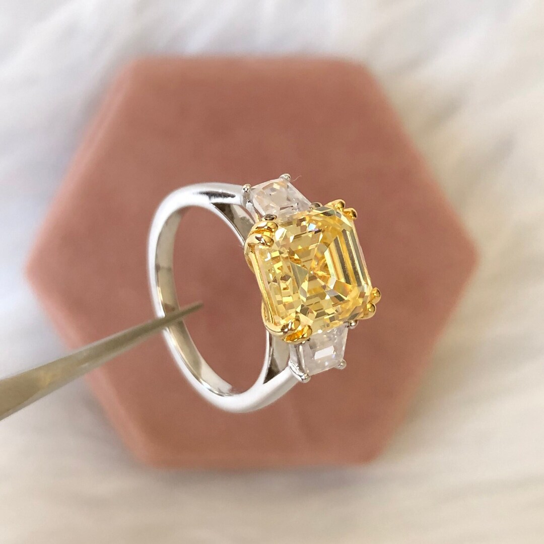 Canary Yellow Asscher Cut Double Claw CZ Ring | Asscher Cut With Side ...