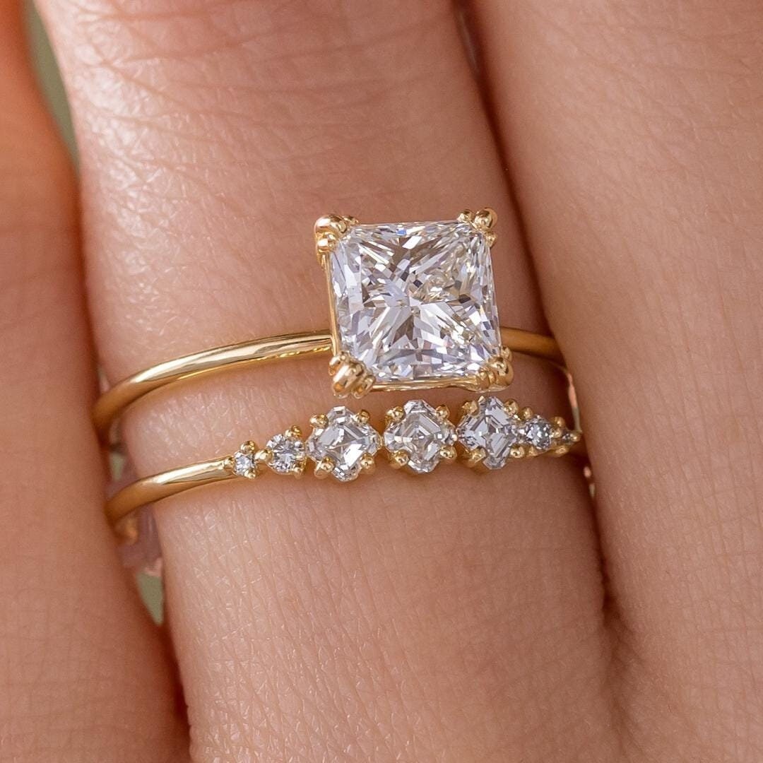 Princess Cut Triple Claw Solitaire With Asscher & Round Cut Band Ring ...