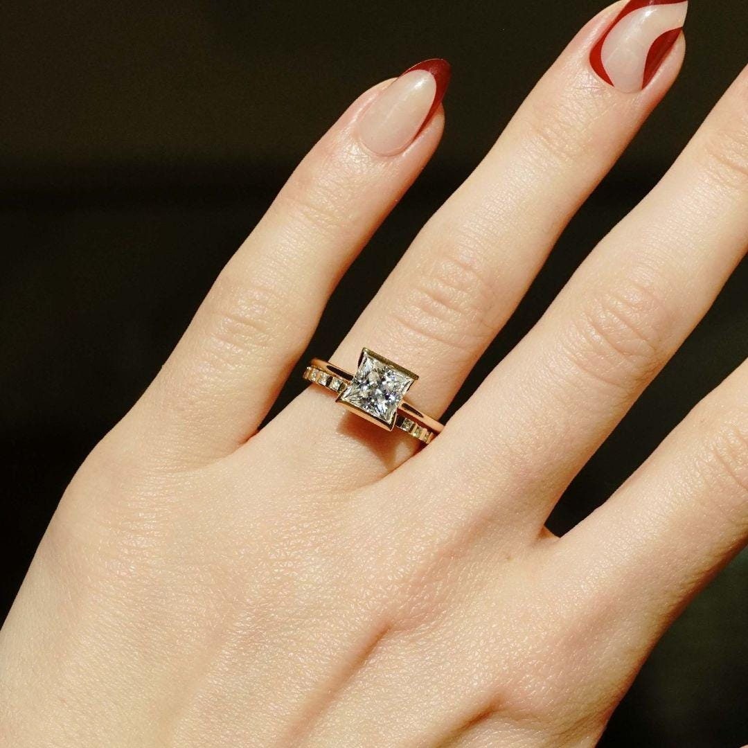 Princess Cut Half Bezel Set Solitaire With Bar Set Band Cz Diamond Ring ...