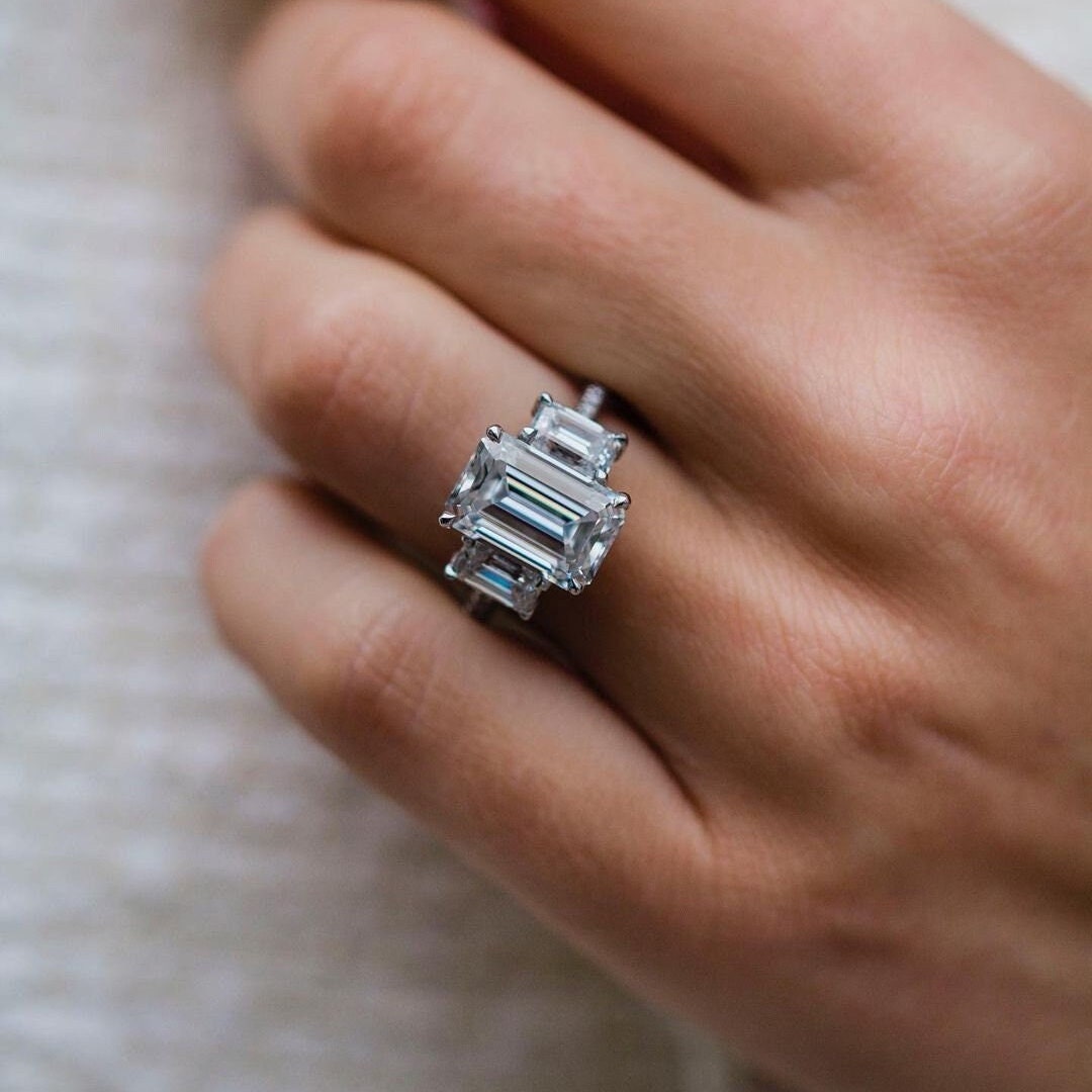 White Emerald Cut Diamond 3 Stone Engagement Ring | Party Wear Sterling ...